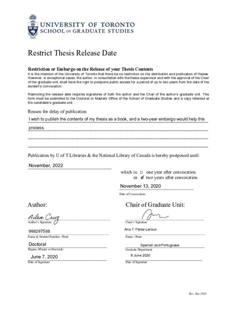 Fillable Online Tspace Library Utoronto Restrict Thesis Release Date
