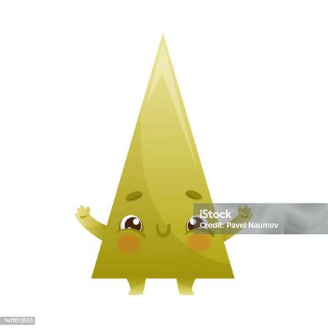 웃는 얼굴 표정 벡터 일러스트레이션을 가진 기하학적 모양 캐릭터로서의 재미있는 녹색 삼각형 0명에 대한 스톡 벡터 아트 및 기타