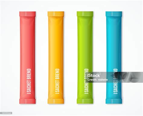 현실적인 상세한 3d 봉지 스틱 설탕 팩 색상 세트 벡터 끈적거리는에 대한 스톡 벡터 아트 및 기타 이미지 끈적거리는 짐 싸기 3차원 형태 Istock
