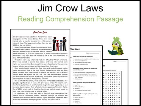 Jim Crow Laws Reading Comprehension And Word Search Teaching Resources