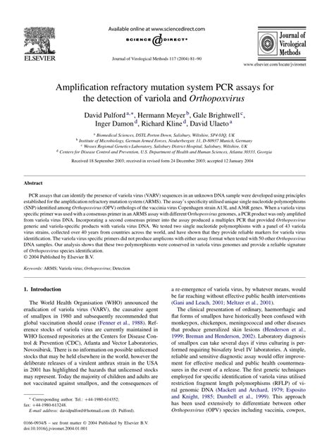 Pdf Amplification Refractory Mutation System Pcr Assays For The Detection Of Variola And