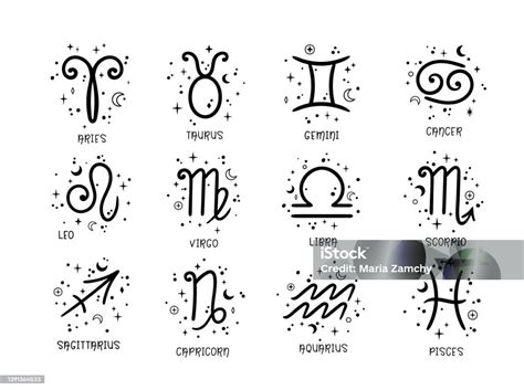 조디악 손으로 그린 표지판 고립 된 클립 아트 번들 독특한 점성술 기호 일러스트 레이션 검은 색의 난해한 신비한 별자리 천칭 자리 쌍둥이 황소 암 양자리 레오 피세스 현대
