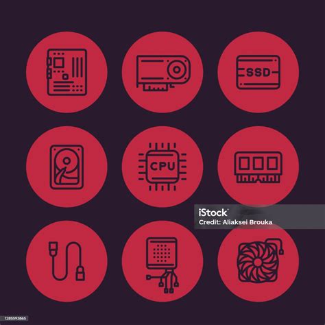 컴퓨터 구성 요소 라인 아이콘 세트 프로세서 마더 보드 메모리 비디오 카드 Hdd Ssd 쿨러 전원 공급 장치 0명에 대한 스톡