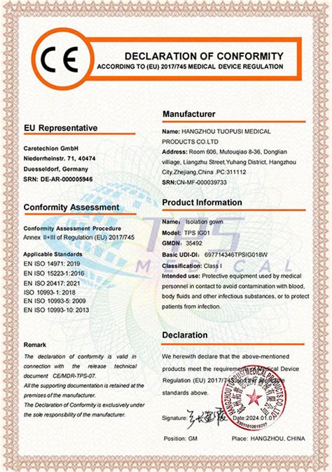 Certificate Tuopusi Medical Products