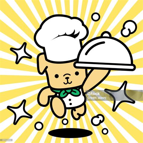 요리사의 모자를 쓴 귀여운 개 요리사가 돔형 쟁반을 들고 카메라를 향해 달리고 있습니다 돔형 쟁반에 대한 스톡 벡터 아트 및