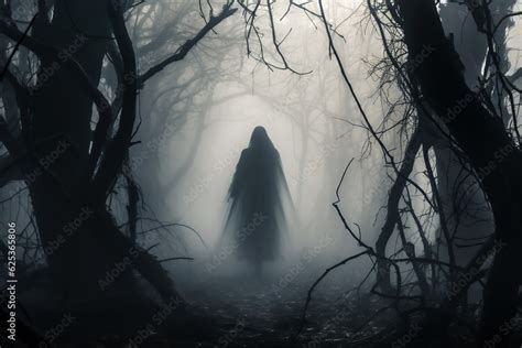 Ghost Silhouette In The Dark Scary Woods Halloween Illustration Ai