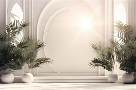제품 프리젠테이션을 위한 추상 흰색 스튜디오 배경 창문과 꽃 야자수 잎의 그림자가 있는 빈 방 복사 공간이 있는 3d 공간 Ai 생성 프리미엄 사진