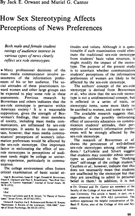 How Sex Stereotyping Affects Perceptions Of News Preferences Jack E Orwant Muriel G Cantor
