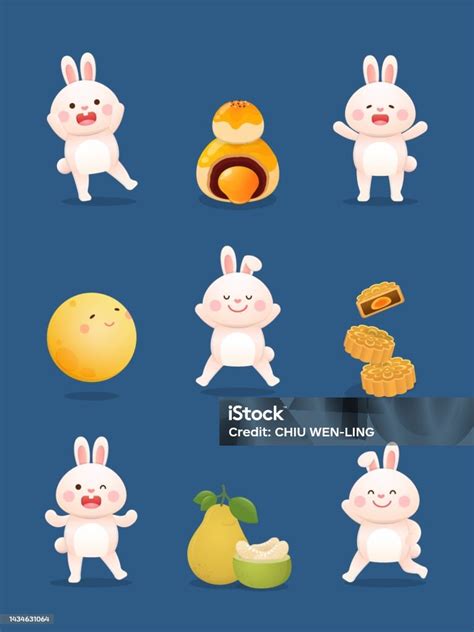 아시아 전통 축제 중추절 포멜로와 달이있는 토끼와 달 케이크 세트 귀엽고 장난기 넘치는 마스코트 만화 캐릭터 Mid Autumn Festival에 대한 스톡 벡터 아트 및