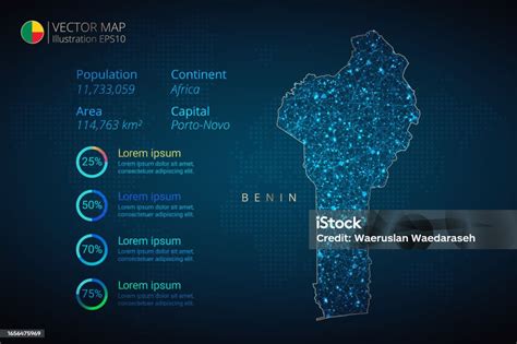 베냉 지도 인포그래픽 벡터 템플릿은 파란색 배경에 추상적인 기하학적 메쉬 다각형 조명 개념을 가지고 있다 다이어그램 그래프