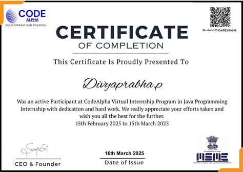 Codealpha Javaprogramming Internshipexperience Divyaprabha Palanisamy