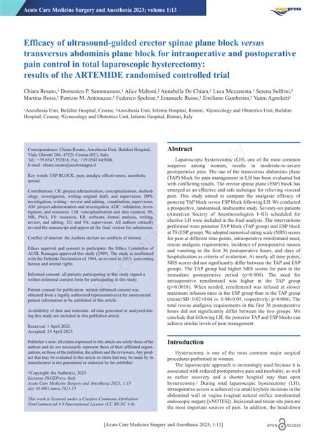 Pdf Efficacy Of Ultrasound Guided Erector Spinae Plane Block Versus Transversus Abdominis