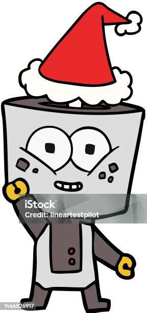산타 모자를 쓰고 안녕하세요를 흔드는 로봇의 행복한 손으로 그린 선 그림 귀여운에 대한 스톡 벡터 아트 및 기타 이미지 귀여운 낙서 드로잉 떠남 Istock