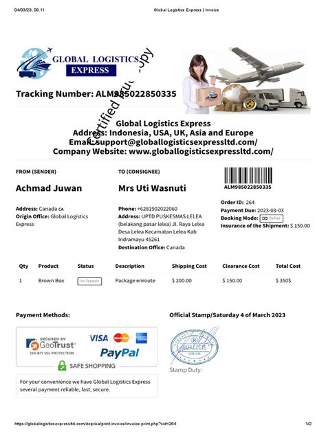 Global Logistics Express Invoice Pdf Service Industries Business