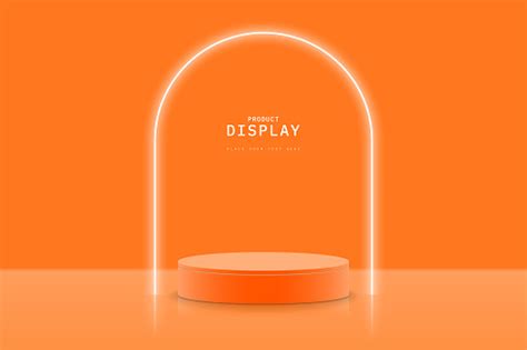 추상적이고 깨끗한 빈 스튜디오 룸 주황색 3d 실린더 연단 받침대는 빛나는 아치 모양으로 사실적입니다 모형을 위한 최소한의 장면 쇼케이스를 위한 3d 무대 3d 벡터