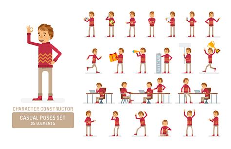 벡터 스웨터 준비사용 캐릭터 캐주얼 포즈 플랫 스타일에서 설정에서 젊은 성인 남자 전체 길이 제스처 감정 전면 측면 후면 보기 감정에 대한 스톡 벡터 아트 및 기타 이미지