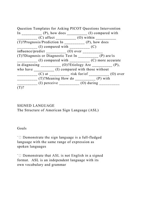 Question Templates For Asking PICOT Questions Intervention In Docx