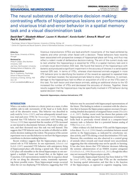 Pdf The Neural Substrates Of Deliberative Decision Making Contrasting Effects Of Hippocampus