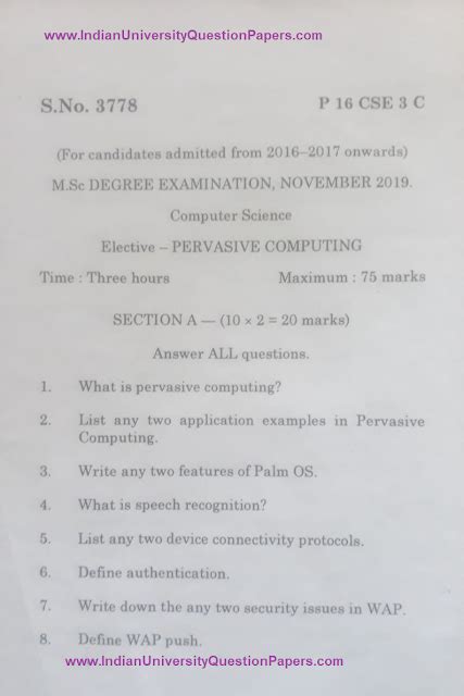 Bharathidasan University Msc Computer Science 3rd Semester Pervasive Computing Nov 2019