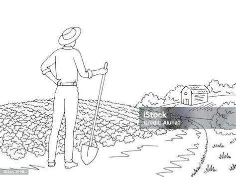 팜 그래픽 블랙 화이트 풍경 스케치 그림 벡터 농부는 필드를 보고 농부에 대한 스톡 벡터 아트 및 기타 이미지 농부 들