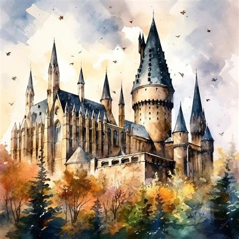 Акварельный рисунок замка Гарри Поттера Премиум Ai сгенерированное изображение