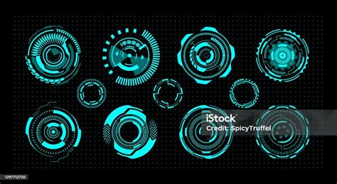 허드 서클 미래지향적인 디지털 Ui 라운드 요소 가상 게임 인터페이스 템플릿 현대 레이더 또는 뷰 파인더의 고립 된 네온 징후 추상 기하학적 조명 프레임 벡터 세트 0명에