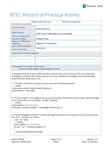 Btec Record Of Practical Activity Template Download Free Pdf C