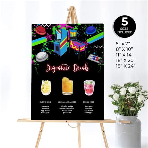 Arcade Bar Menu Sign Video Game Party Drinks Sign Party Neon