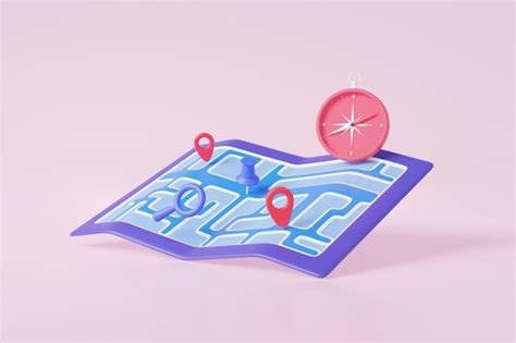 3d 아이콘 지도 위치 나침반 핀 포인터 표시 여행 탐색 개념 위도 및 경도 바람 방향 탐색 북쪽 남쪽 분홍색 배경 3d