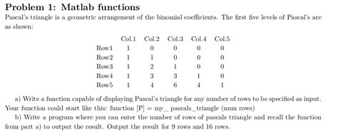 Solved Problem 1 Matlab Functions Pascals Triangle Is A