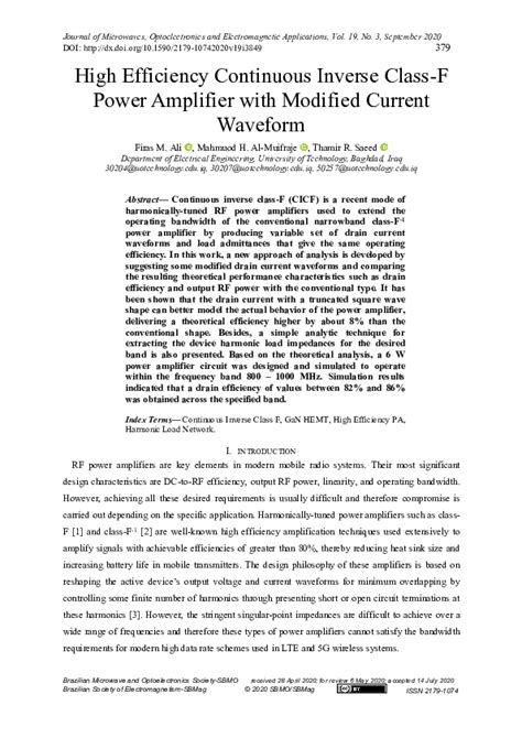 Pdf High Efficiency Continuous Inverse Class F Power Amplifier With Modified Current Waveform