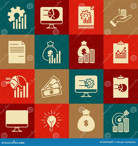 Set Target With Coin Symbol Clipboard Graph Chart Document Money Bag And Diagram Pie