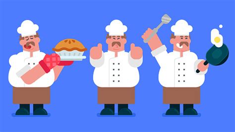 음식을 준비하는 만화 남자의 컬렉션 모자와 요리 유니폼을 가진 레스토랑 요리사 요리사 프라이팬에 요리사 튀김 계란 맛있는 파이를 굽고 기호처럼 요리 플랫 벡터 일러스트 레이