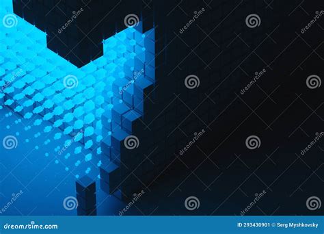 Abstract Background Of Blue Neon Cyber Cubes At Night In The Room Stock