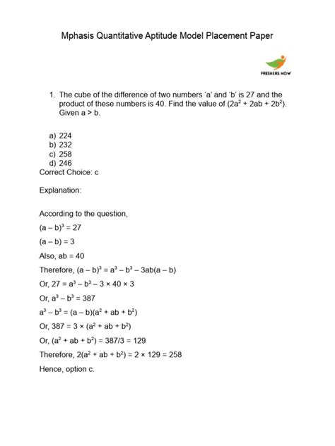 Mphasis Quantitative Aptitude Model Placement Paper Download Free Pdf Area Interest