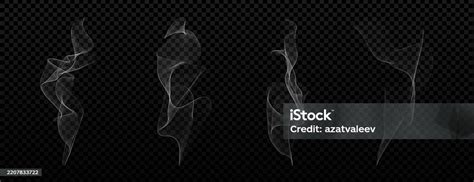 물결 모양의 연기 효과 사실적인 벡터 세트 투명한 배경에 고립된 흰색 흐린 안개 또는 증기 안개가 자욱한 연기 부드럽게 흐르는 안개 또는 부드러운 증기 파도의 3d 벡터