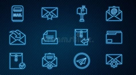 Set Line Envelope Setting Document Folder Mail Box Drawer With Document And Star Icon