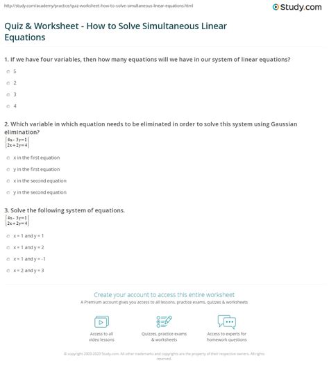 Quiz And Worksheet How To Solve Simultaneous Linear Equations