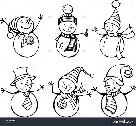 شش آدم برفی جدا شده در پس زمینه سفید آدم برفی کارتونی زیبا در وکتور