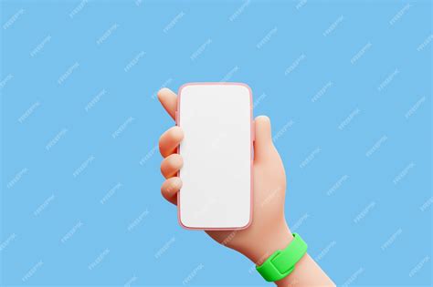 보라색 배경에 격리된 스마트폰을 들고 있는 3d 만화 손 휴대전화 모형을 사용하는 손 3d 프리미엄 사진