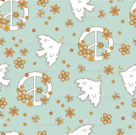 이음새가 없는 패턴 복고풍 1970년대 히피 사이키델릭 그루브 요소 빈티지 스타일의 태평양과 비둘기가있는 배경 벽지 직물 직물에 대한 긍정적 인 상징이있는 그림 벡터