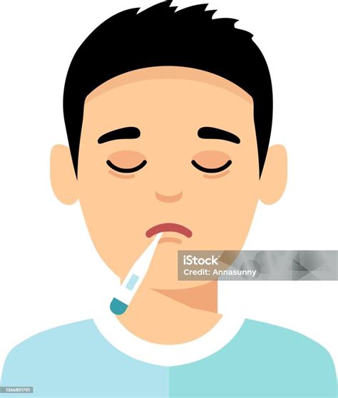 온도계를 가진 아픈 남자의 벡터 그림 감기와 독감에 대한 스톡 벡터 아트 및 기타 이미지 감기와 독감 건강관리와 의술 기침 치료제 Istock
