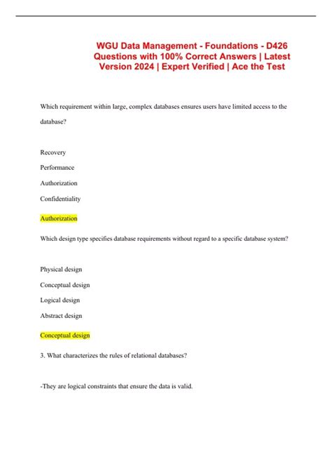 wgu data management foundations d426 questions with 100 correct