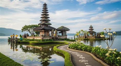 Balinese Water Temple Ulun Danu Beratan On Lake With Pathway And