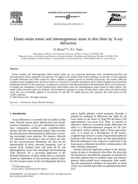 Pdf Elastic Strain Tensor And Inhomogeneous Strain In Thin Films By X