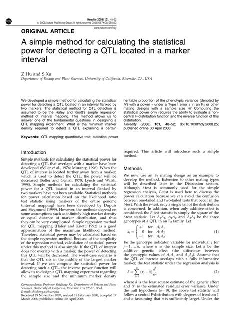 Pdf A Simple Method For Calculating The Statistical Power For Detecting A Qtl Located In A