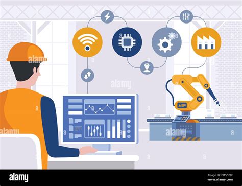 Engineer Using Computer To Control Robotic Arm On Smart Factory Industry 40 Concept Vector