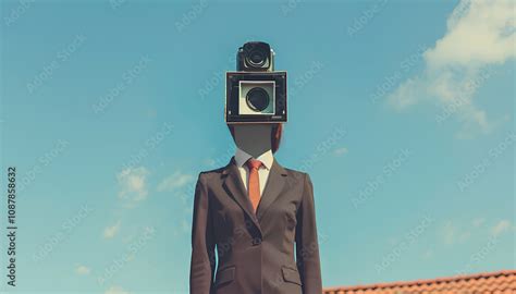 Faceless Businesswoman With Camera Zoom Instead Of Head Standing On