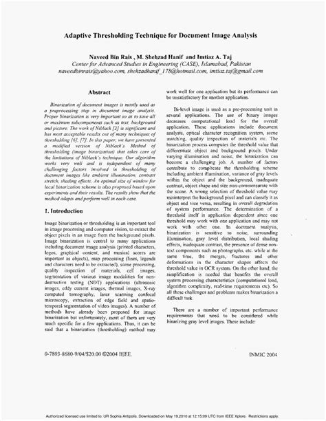 Pdf Adaptive Thresholding Technique For Document Image Analysis