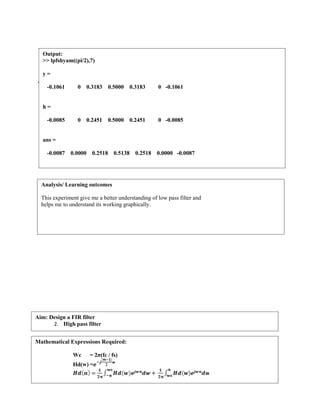 MATLAB CODE OF FIR Filter Designing LPF HPF BPF BSF PDF Technology Computing